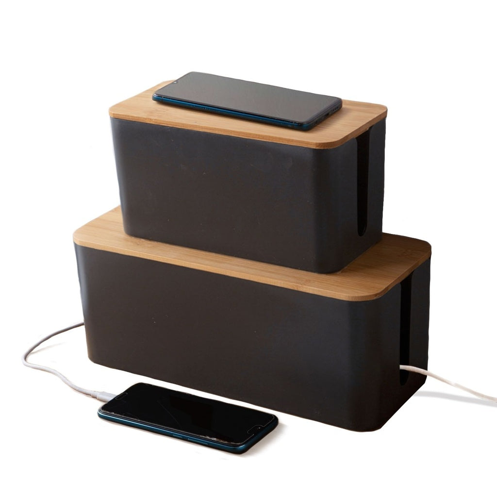 Buy Set of Two Black Cable Management Boxes with Stylish Bamboo Lids at ...