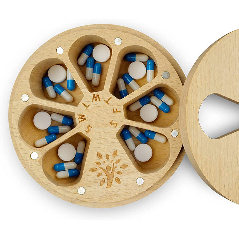 Buy Natural Wooden Pill Organizer - Weekly Rotating Medication Box at ...